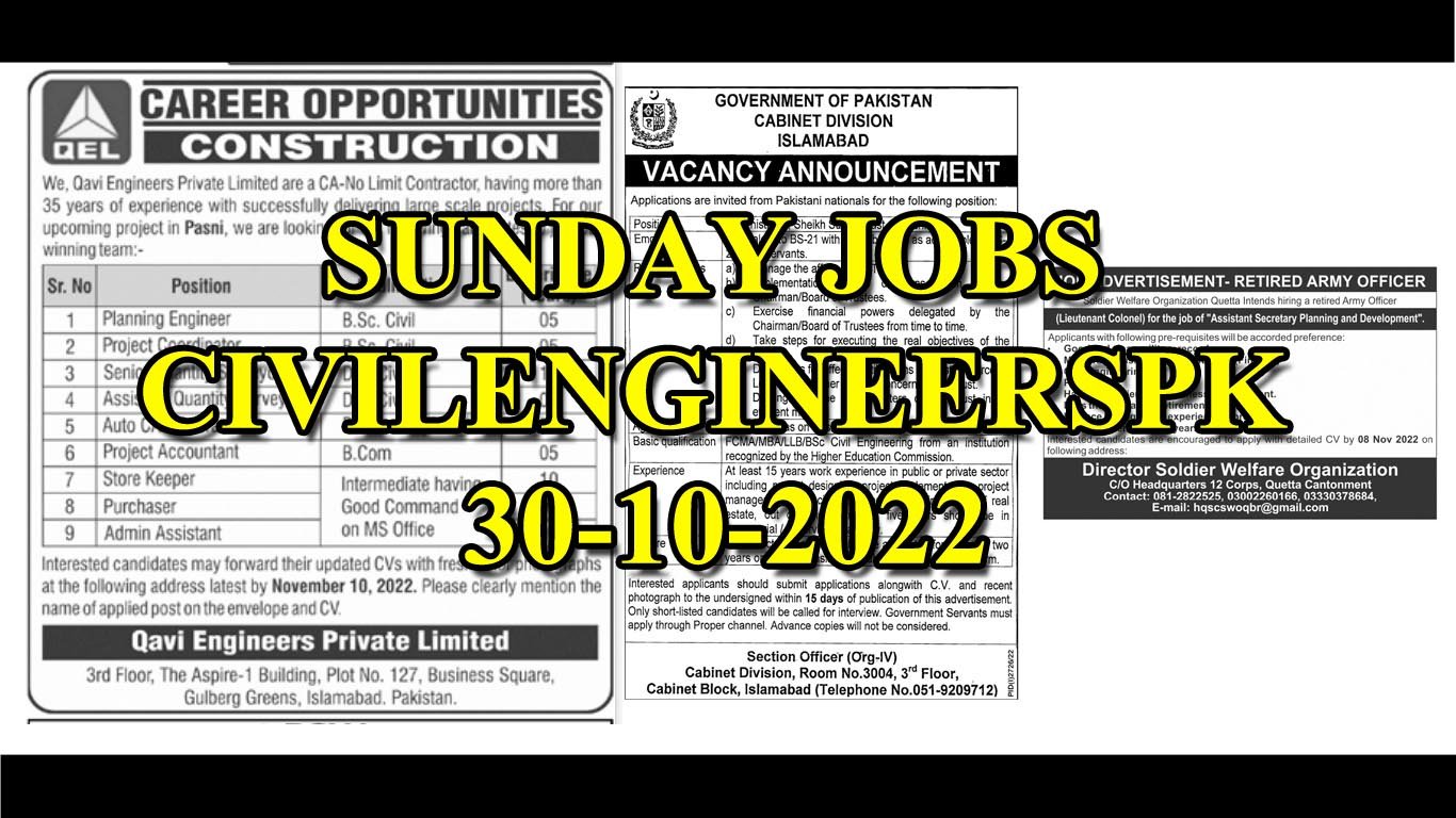 Sunday Jobs Civilengineerspk 30-10-2022 - Civil Engineers PK